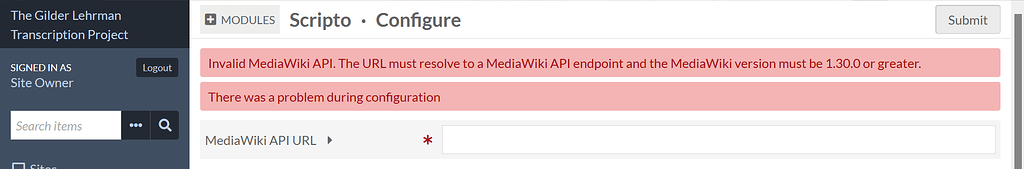 Invalid MediaWiki API Error with Omeka S/Scripto Module Config - Omeka S - Omeka Forum